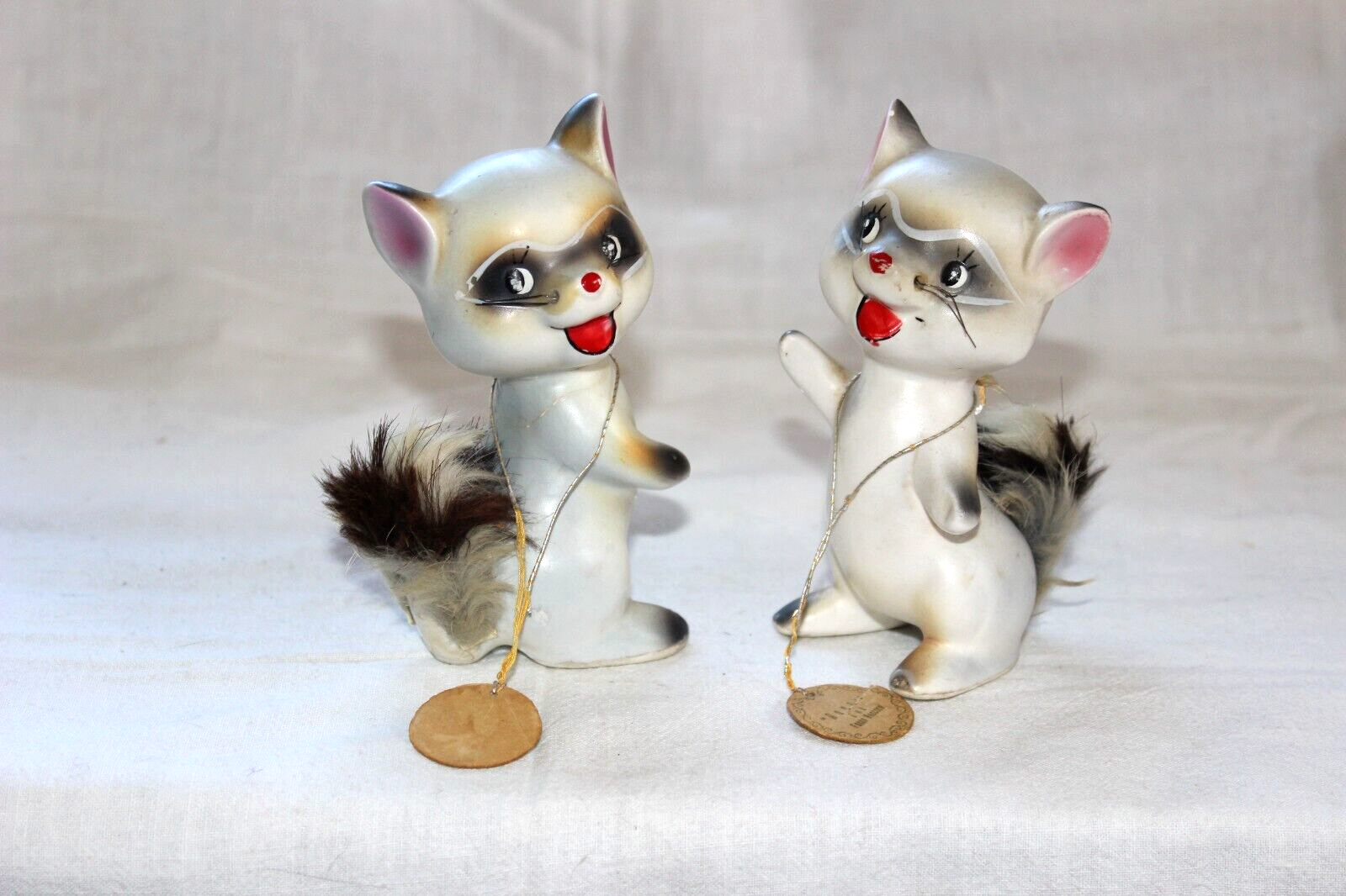 2 Vintage kitchy Enesco Ceramic Robby Raccoon figurines original tags ...