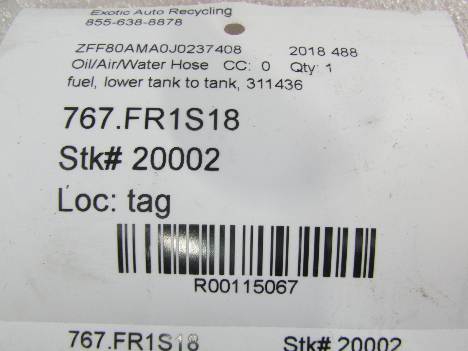 Ferrari 488, Lower Tank to Tank Fuel Line, Used, P/N 311436 | eBay