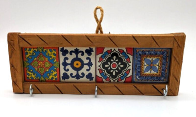 Mexican Wall Key Holder Talavera Tiles Wood Frame 3 Hooks Red Blue ...