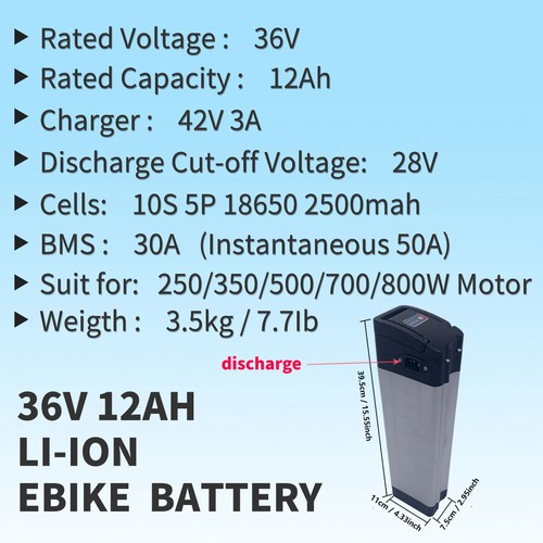 36V 12Ah E-BIKE Battery Pack Lithium Ion BMS li-ion Electric Bicycle ...
