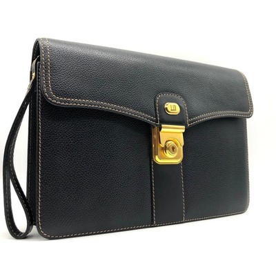 Dunhill Clutch Bag Second Bag Black Leather Lock & Key Wrist Strap Logo ...