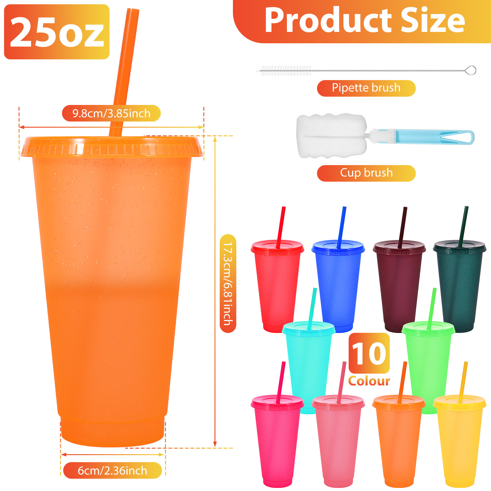 10Pcs Color Changing Plastic Cups with Lids and Straws 710ml Cold Cups ...