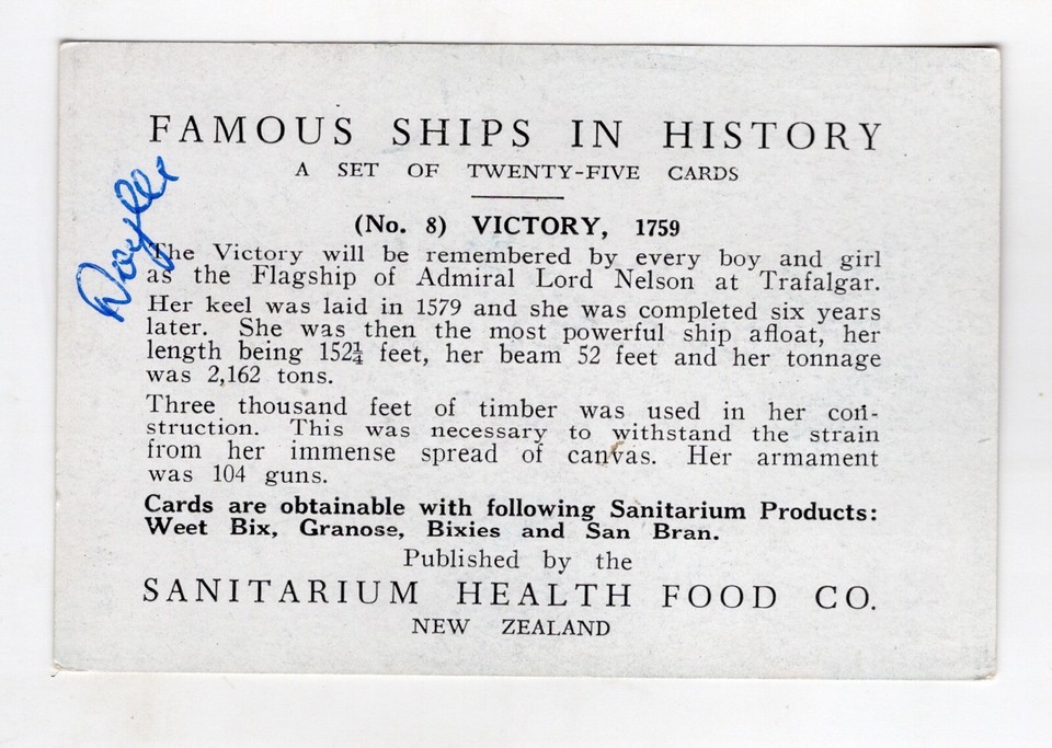 Sanitarium NZ Shipping Card. Famous Ships. The Victory, Admiral Lord ...