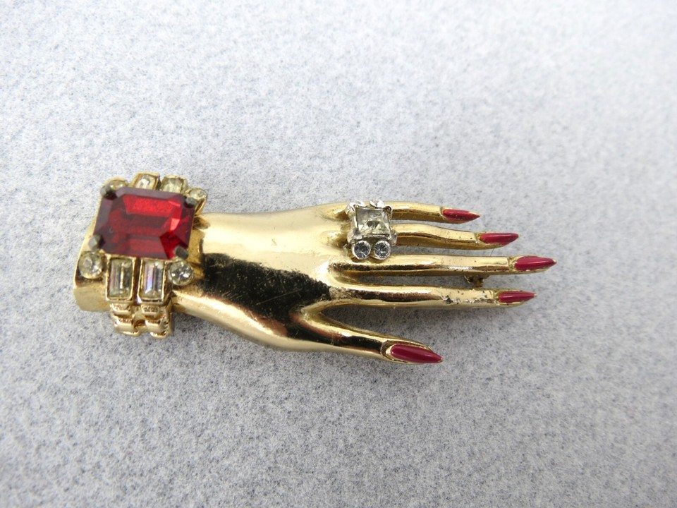 Coro Hand Brooch Large Red Clear Glass Rhinestones Gold Tone 2.5" Long ...