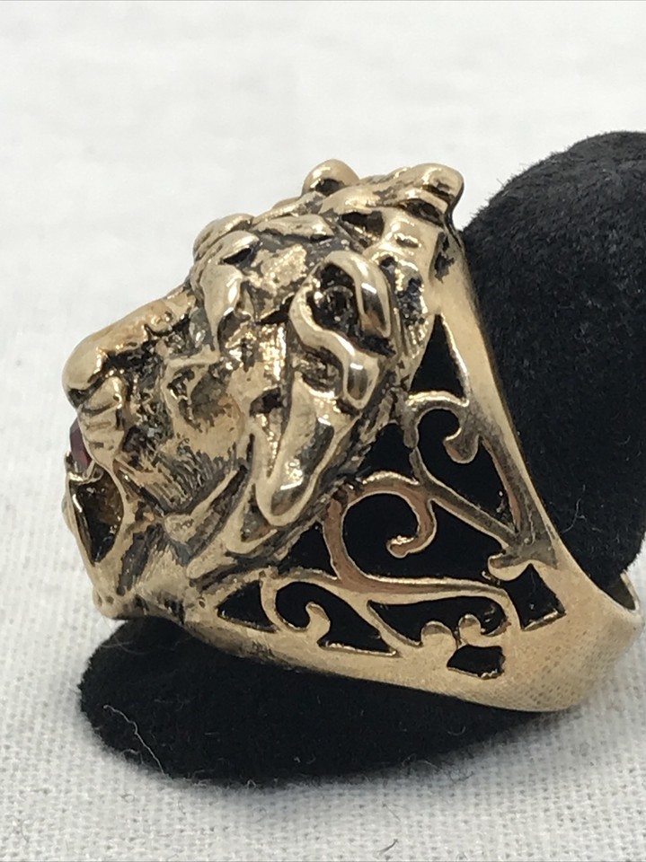 Vintage 18K HGE Large Loin Face Design Red Mouth Crystal-Clear Eyes ...