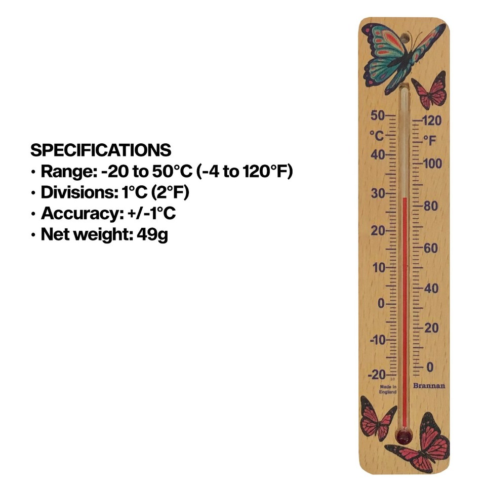 215mm Wooden Thermometer- Butterfly Design Room Garden Shed Greenhouse ...