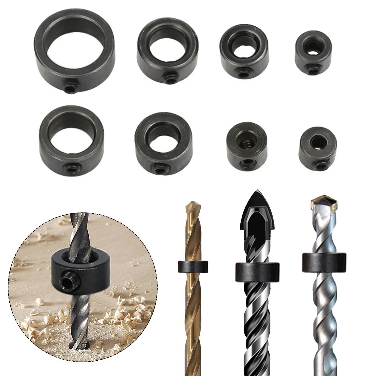 8Pcs/Set Depth Stop Collar Drill Bit Ring 3-16mm Ring Positioner ...