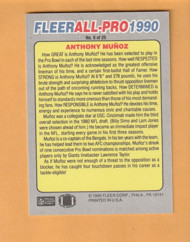 Anthony Munoz Cincinnati Bengals 1990 Fleer All-Pros #8 HOF USC Trojans ...