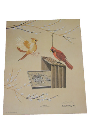Vtg 1982 Art Print Cardinals Bird Birdfeeder Gene Gray Nature Seeds 20 ...
