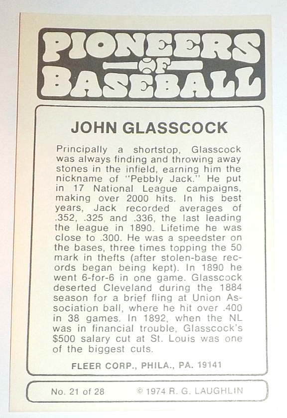 1975 FLEER Insert #21 JOHN GLASSCOCK Shortstop PIONEERS OF BASEBALL ...