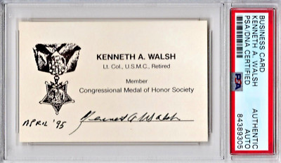 KENNETH A. WALSH MEDAL OF HONOR USMC WWII ACE SIGNED BUSINESS CARD PSA ...