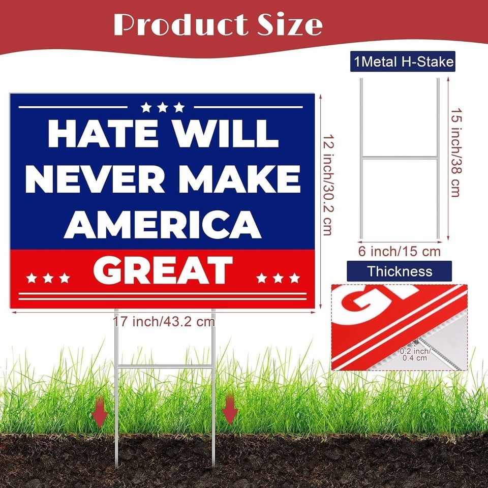 Anti Trump MAGA Yard Sign 17 x 12 inch Hate Will Never Make Red, White ...