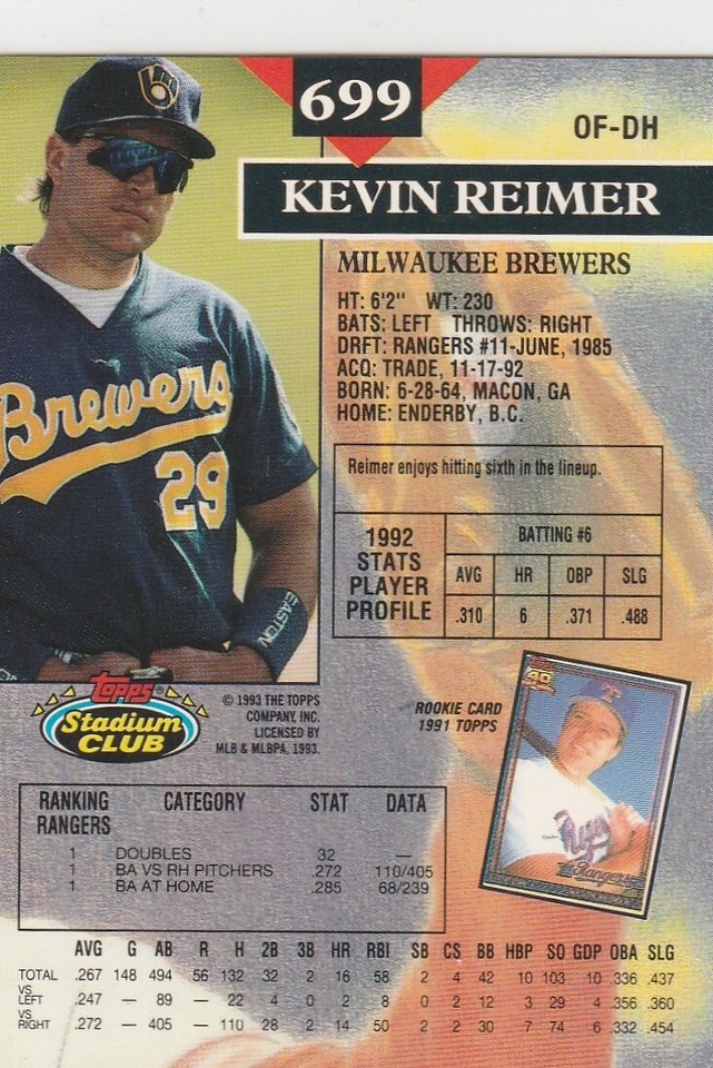 1993 Stadium Club First Day Production #699 Kevin Reimer */2000 052-N ...