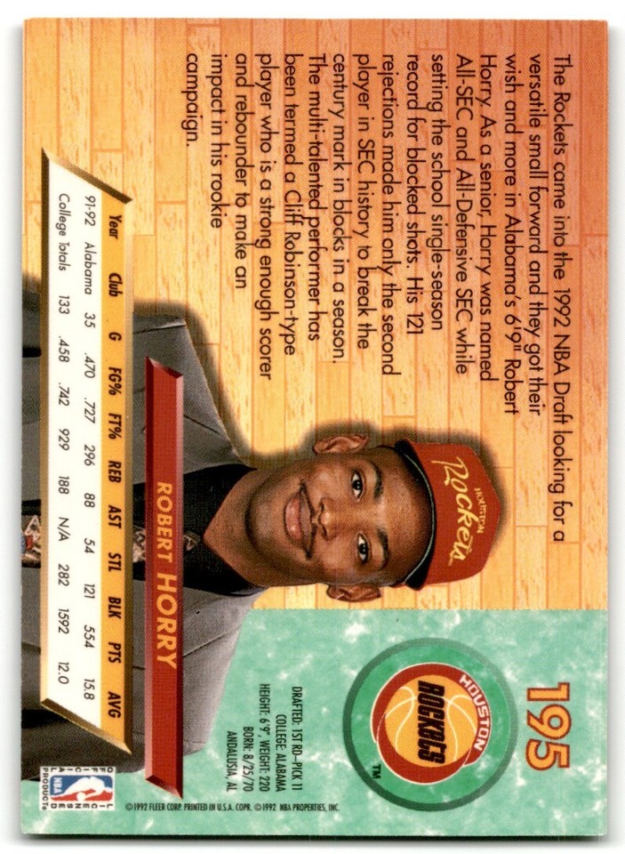 1992-93 ULTRA FLEER 1ST ROUND DRAFT PICK ROBERT HORRY RC HOUSTON ROCKETS #195 | eBay
