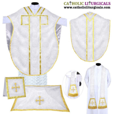 White Chasuble. St.Philip Neri Style vestment Stole & mass set 5 pc ...