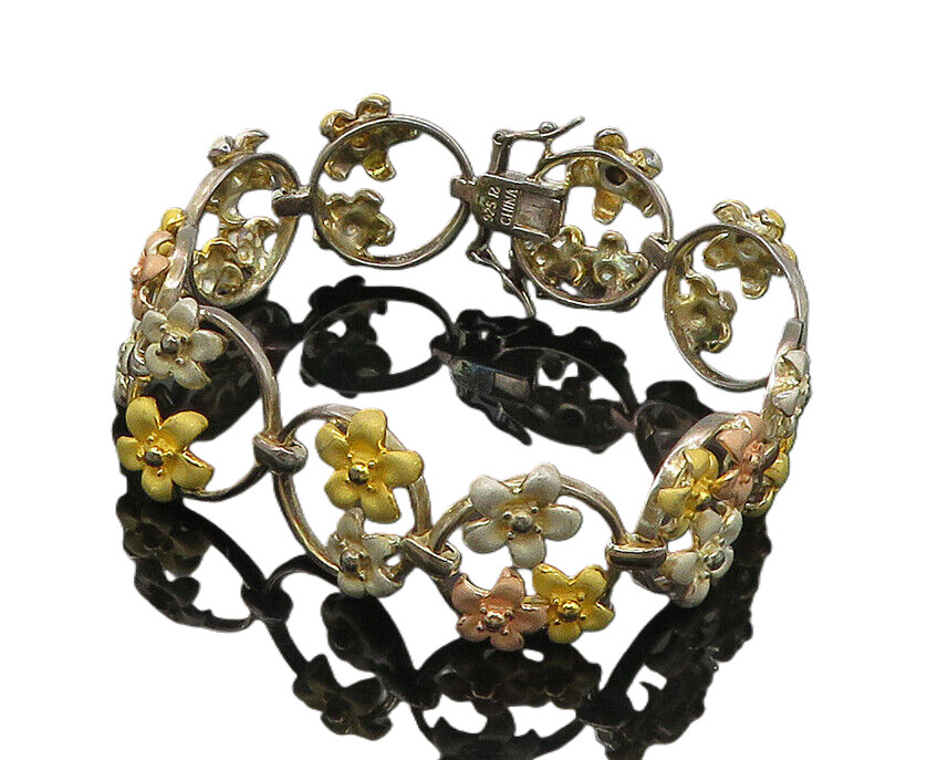 ROSS SIMON 925 Silver Vintage ThreeTone Flower Motif Chain ROSS SIMON 925 Silver Vintage ThreeTone Flower Motif Chain