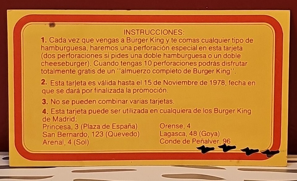 Burger King Free Lunch Punch Card VTG Spanish Restaurant Loyalty Card 🤴 ...