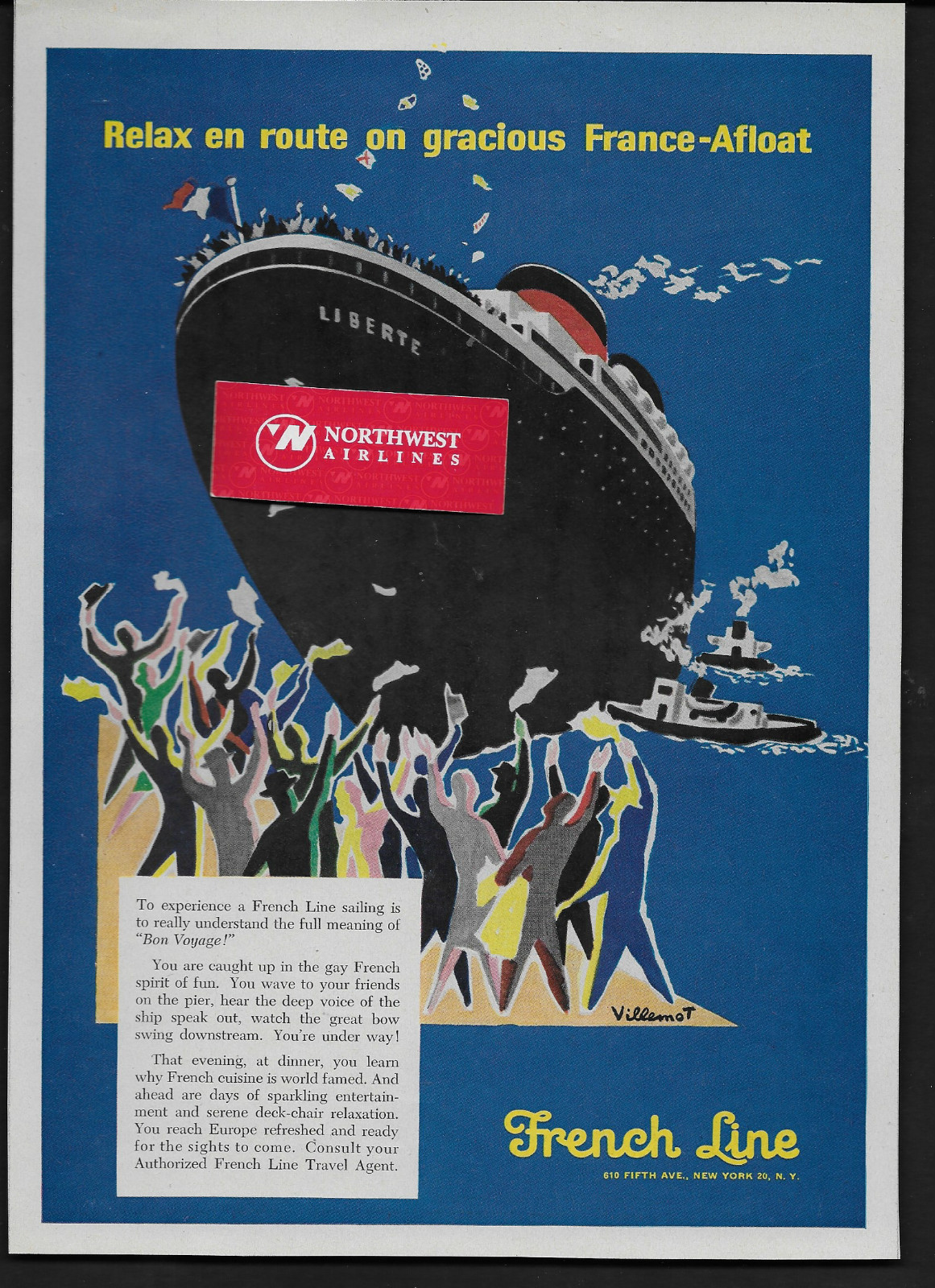 FRENCH LINE FRANCE-AFLOAT RELAX EN ROUTE SS LIBERTE 1950'S VILLEMOT AD ...