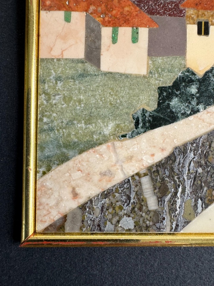 Vtg Italian PIETRA DURA Landscape Framed Art Plaque Stone Mosaic ALDINO ...