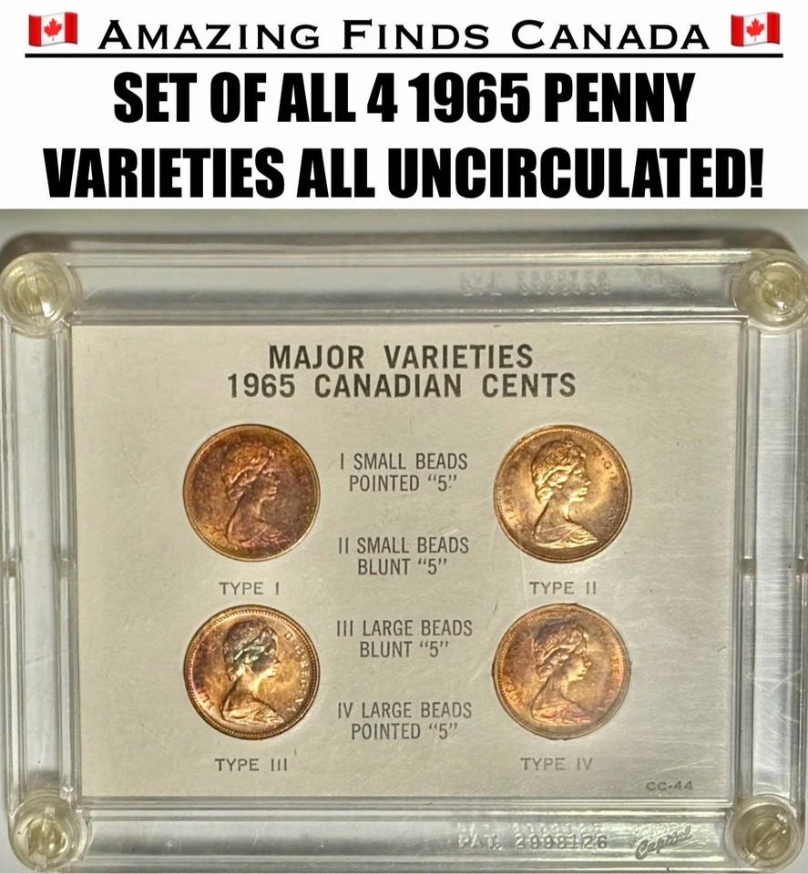 4 VARIETIES SET Of 1965 Canada 1 Cent Pennies! HAS LBP5! UNCIRCULATED ...