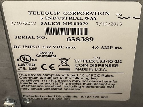 Telequip T2+ Flex USB RS232 RJ45 Coin Dispenser Black/ LOT OF 2 ...