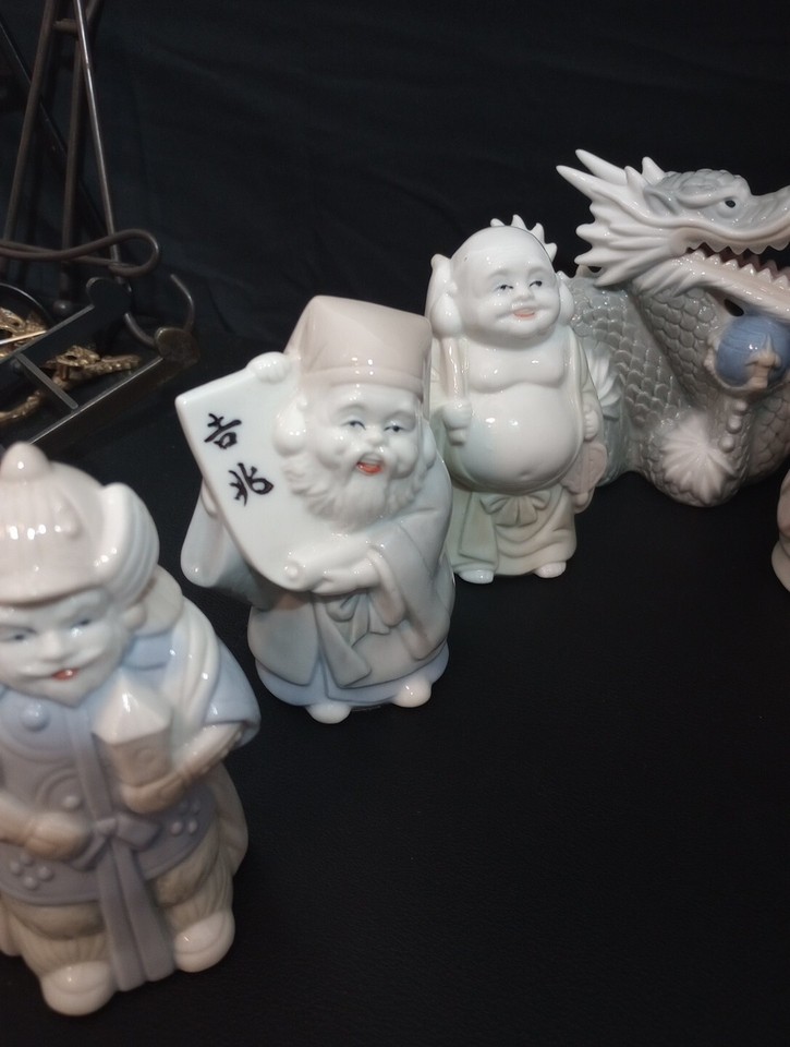 Pair of Yashimi K Porcelain Light Blue Dragon & 7 Lucky Gods Figurines ...