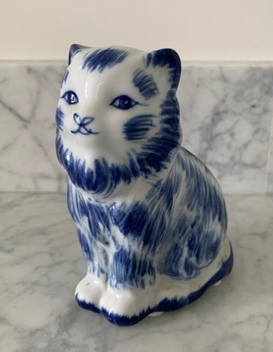Blue & White Ceramic Cat Figurine, 5" Tall - EUC! | eBay