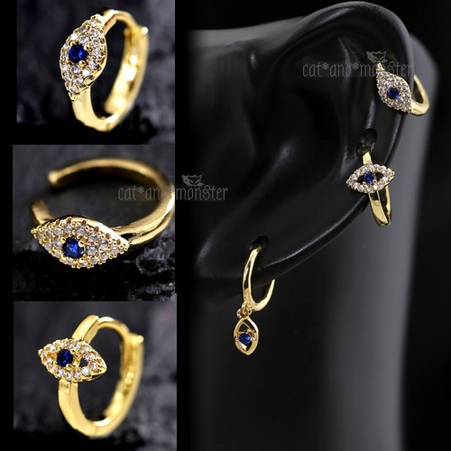 9K GOLD GF PROTECTIVE EVIL EYE BLUE SAPPHIRE EAR CUFF BAND DANGLE HOOP ...
