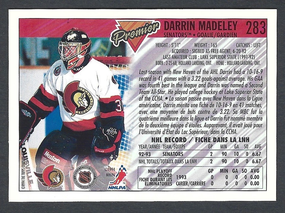 1993-94 O-Pee-Chee Premier Gold #283 DARREN MADELEY Ottawa Senators ...