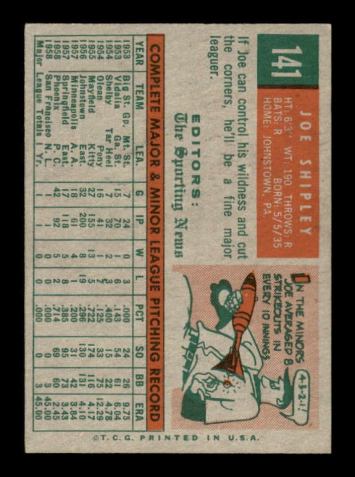 1959 Topps #141 Joe Shipley VGEX RC Rookie Giants 558682 | eBay