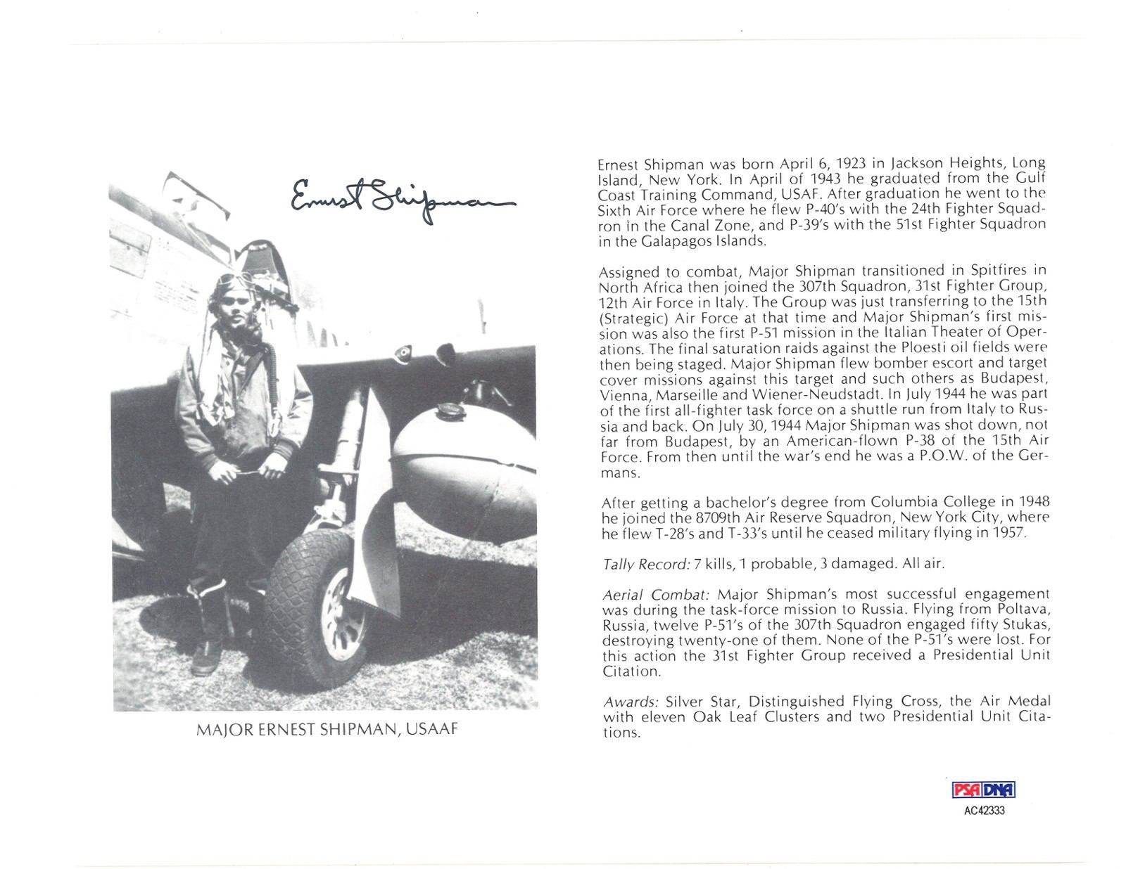 ERNEST SHIPMAN SIGNED 8X10 (D) PSA DNA AC42333 WWII ACE 7V | eBay