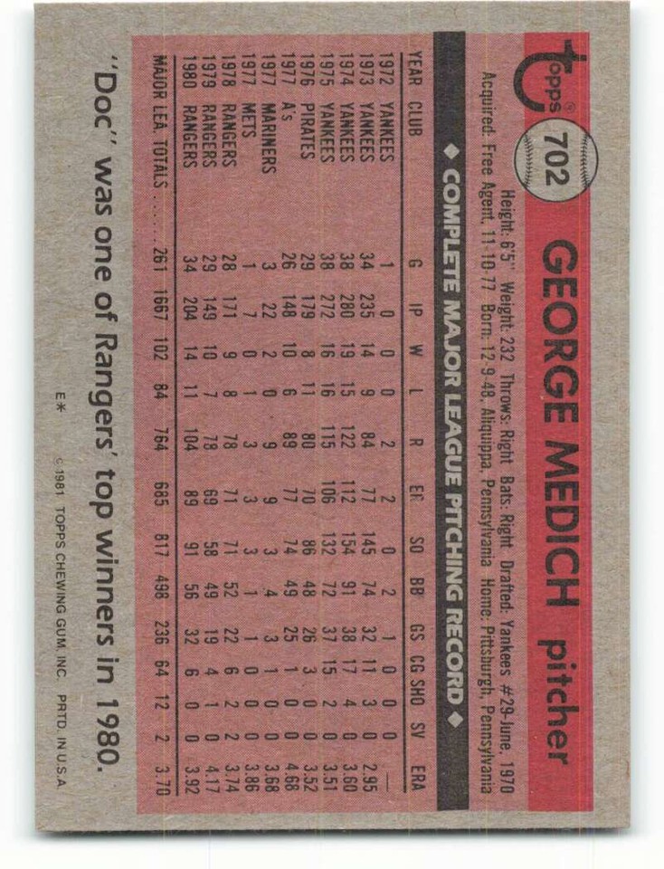 1981 Topps #702 Doc Medich NM Near Mint Rangers | eBay