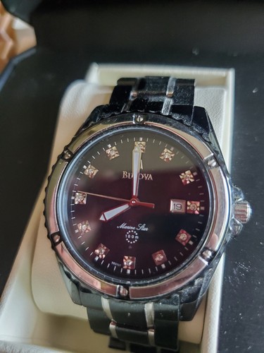 Bulova Marine Star Men's Diamond Black Steel 41mm MOP Dial 10ATM Watch ...