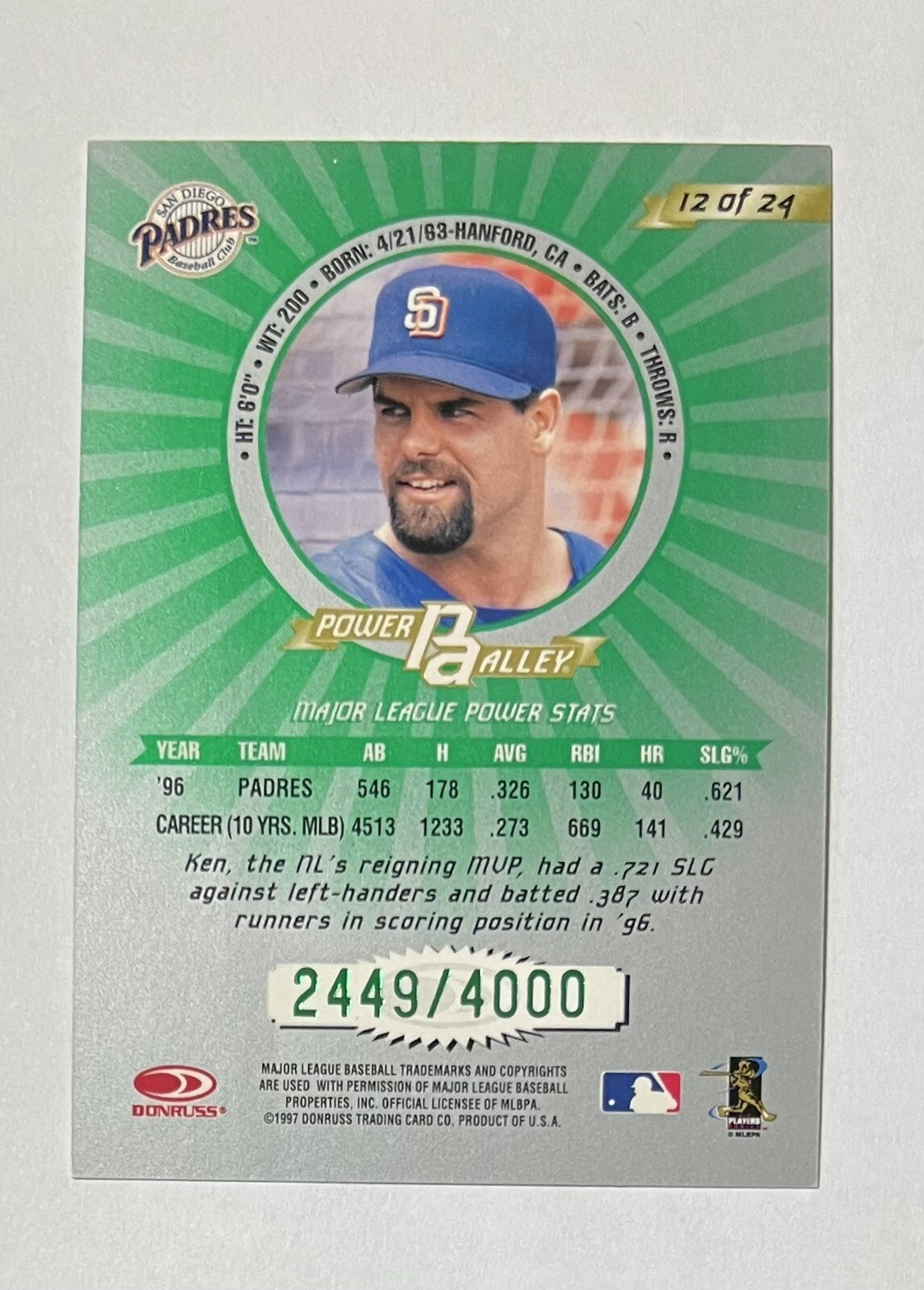 Ken Caminiti 1997 Donruss PA POWER ALLEY Card #12 of 24 - 2449/4000 | eBay