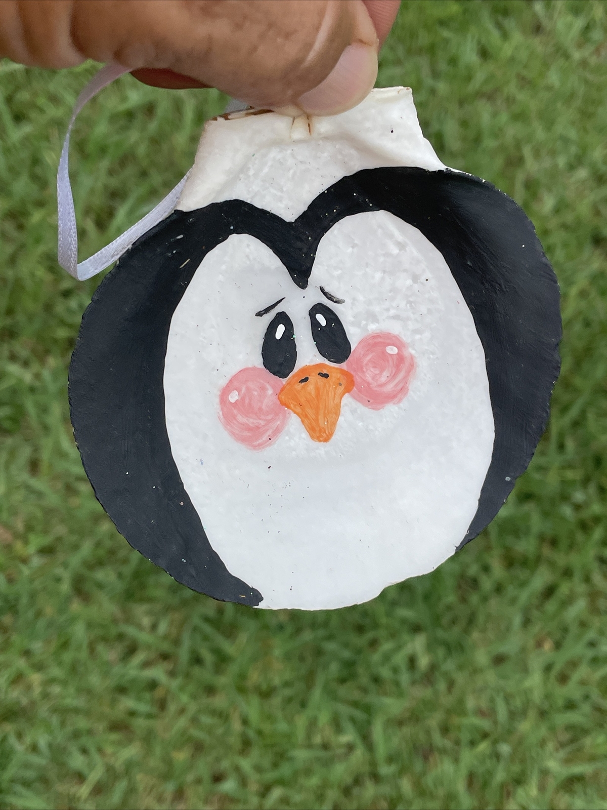 PENGUIN Head PENGUINS Clam Shell Scallop Fan Big Handpainted Ornament ...