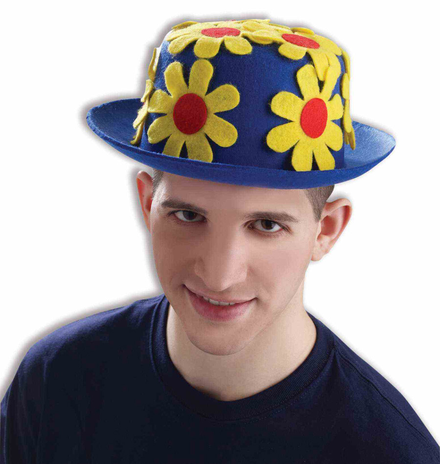 BLUE CLOWN DAISY DERBY HAT Costume Cap Funny Adult Bowler Yellow ...