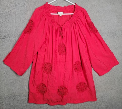 Red Peasant Shift Dress Small With Crochet Cut Outs Beige Eci Boho 3/4 ...