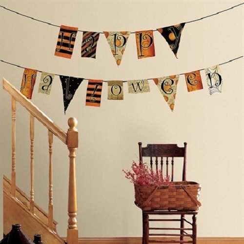 HAPPY HALLOWEEN PENNANTS wall stickers 54 decals spiderweb spooky room ...