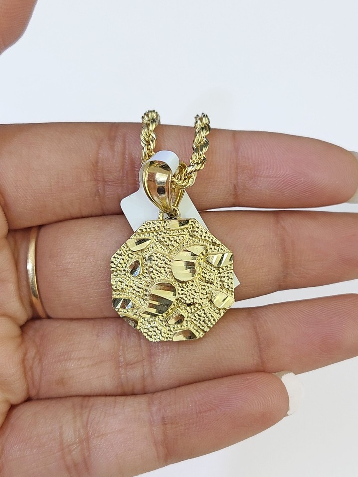 10k Gold Rope Chain & Octagonal Nugget Charm Pendent SET 3mm 22Inches ...
