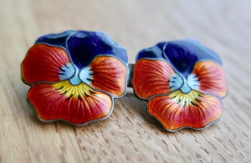 COLOURFUL VINTAGE ART DECO STERLING SILVER ENAMEL DOUBLE FLOWER PANSY ...