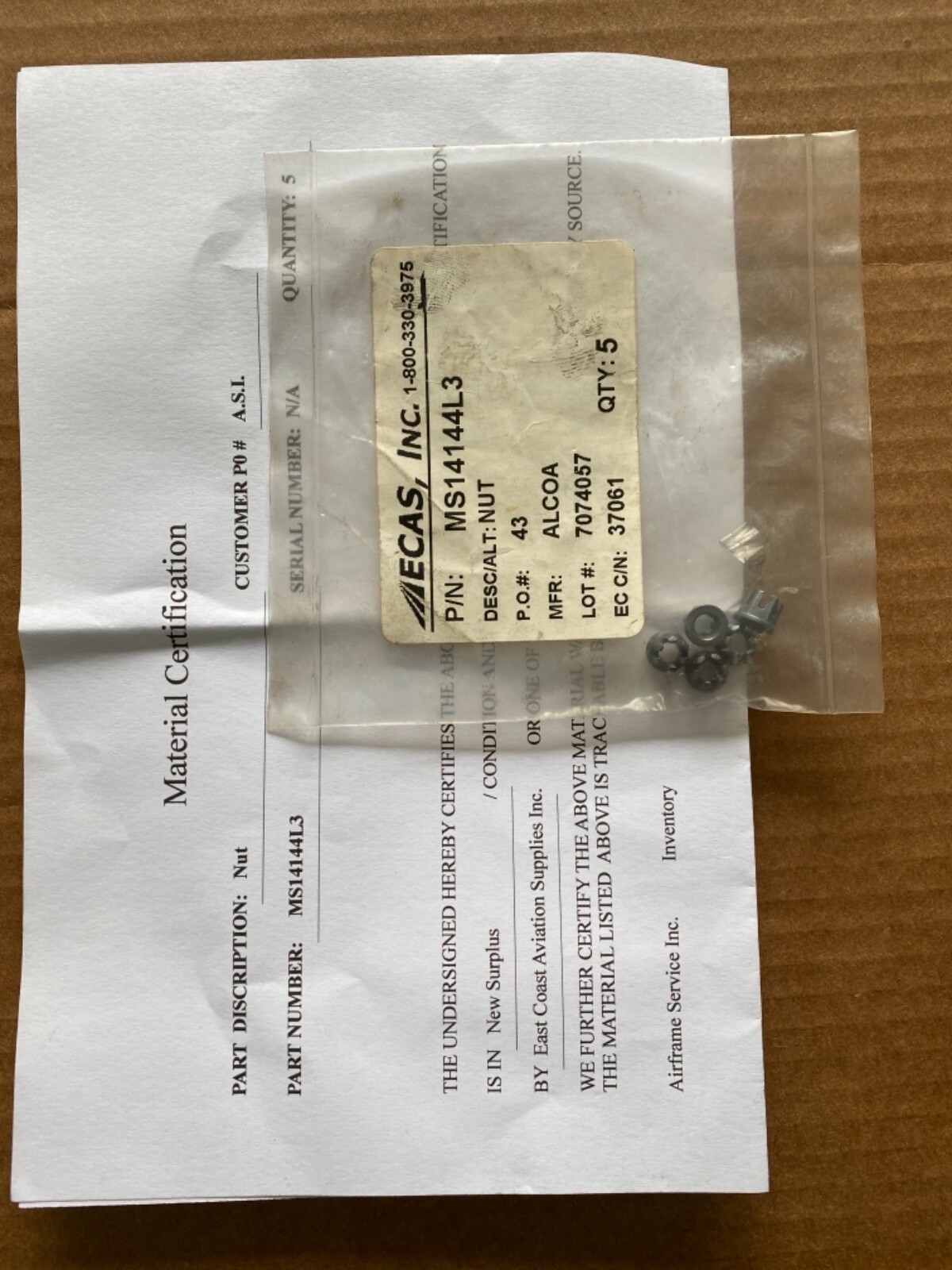 Nut PN MS14144L3 New Material Certification Original Packaging (set of ...