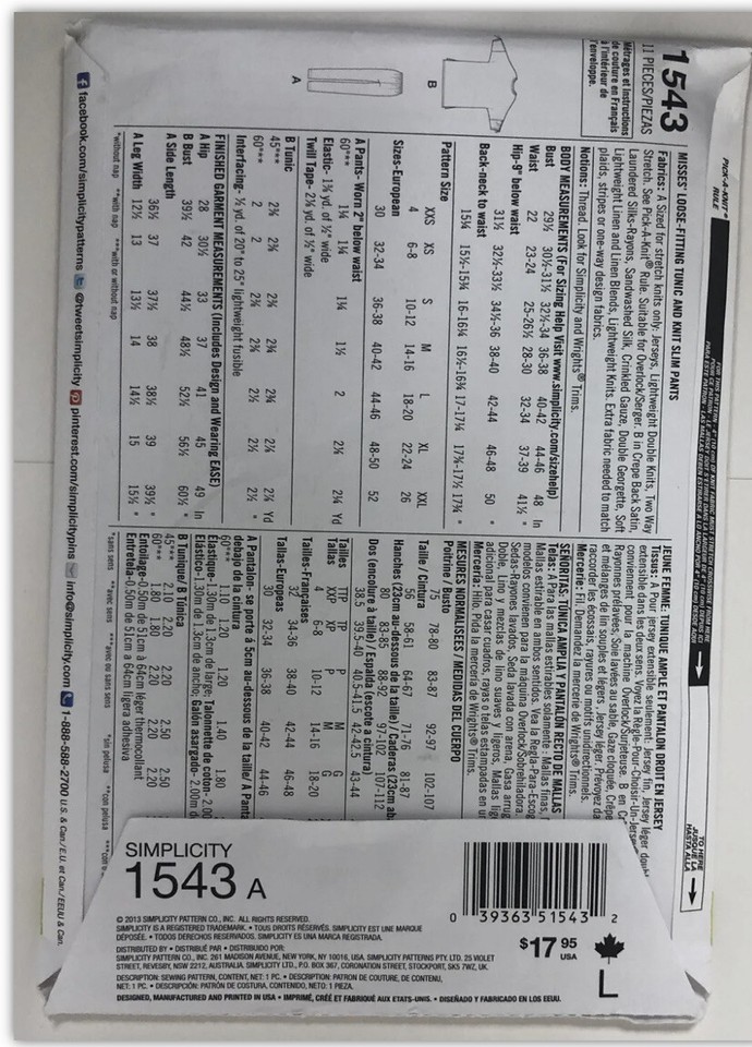 1543 A SIMPLICITY Patty Reed Pattern Misses Loose Tunic & Slim Pants Sz ...