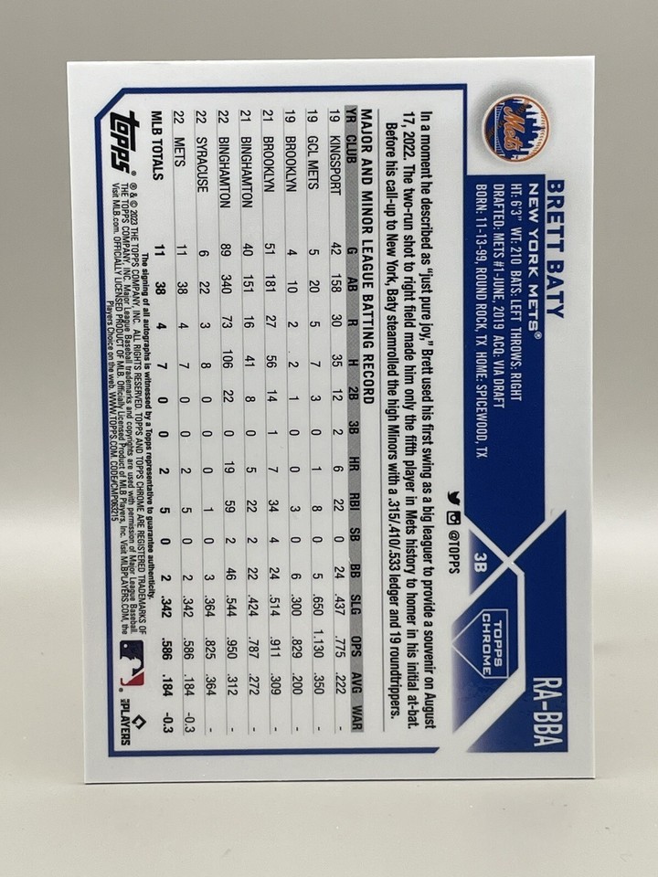 2023 Topps Chrome Brett Baty Rookie RC Auto #RA-BBA | eBay