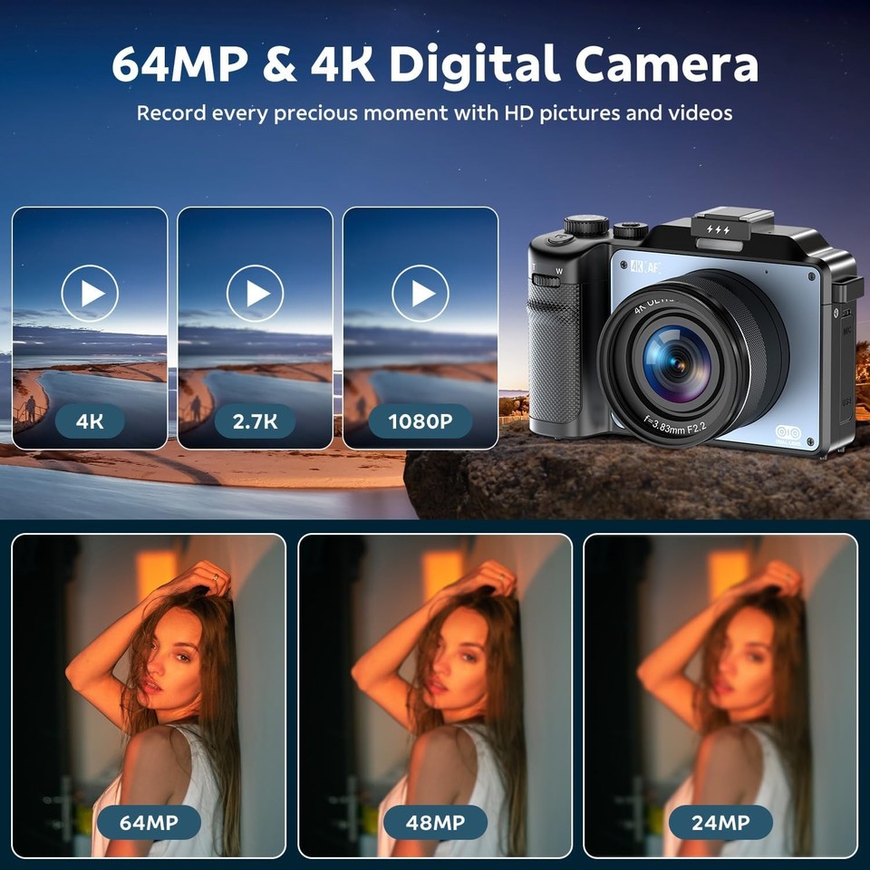 Dual Lens Digital Camera,Autofocus 4K 64MP Vlogging Camera for Beginner ...