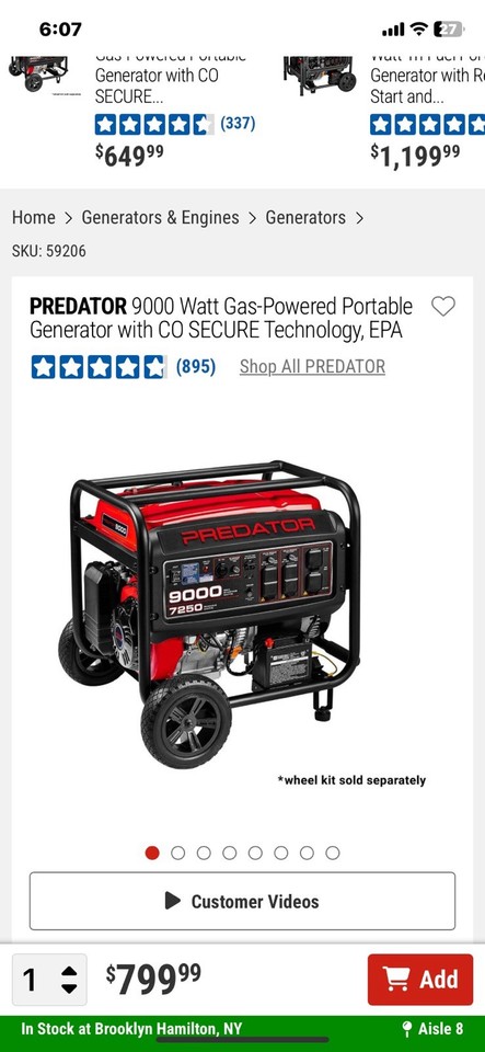 Predator 9000 Watt Gas Powered Portable Generator EPA----Pickup Only ...