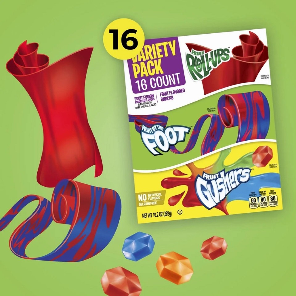 Fruit Roll-Ups, Fruit by the Foot, Gushers, Snacks Variety Pack, 16 Ct ...
