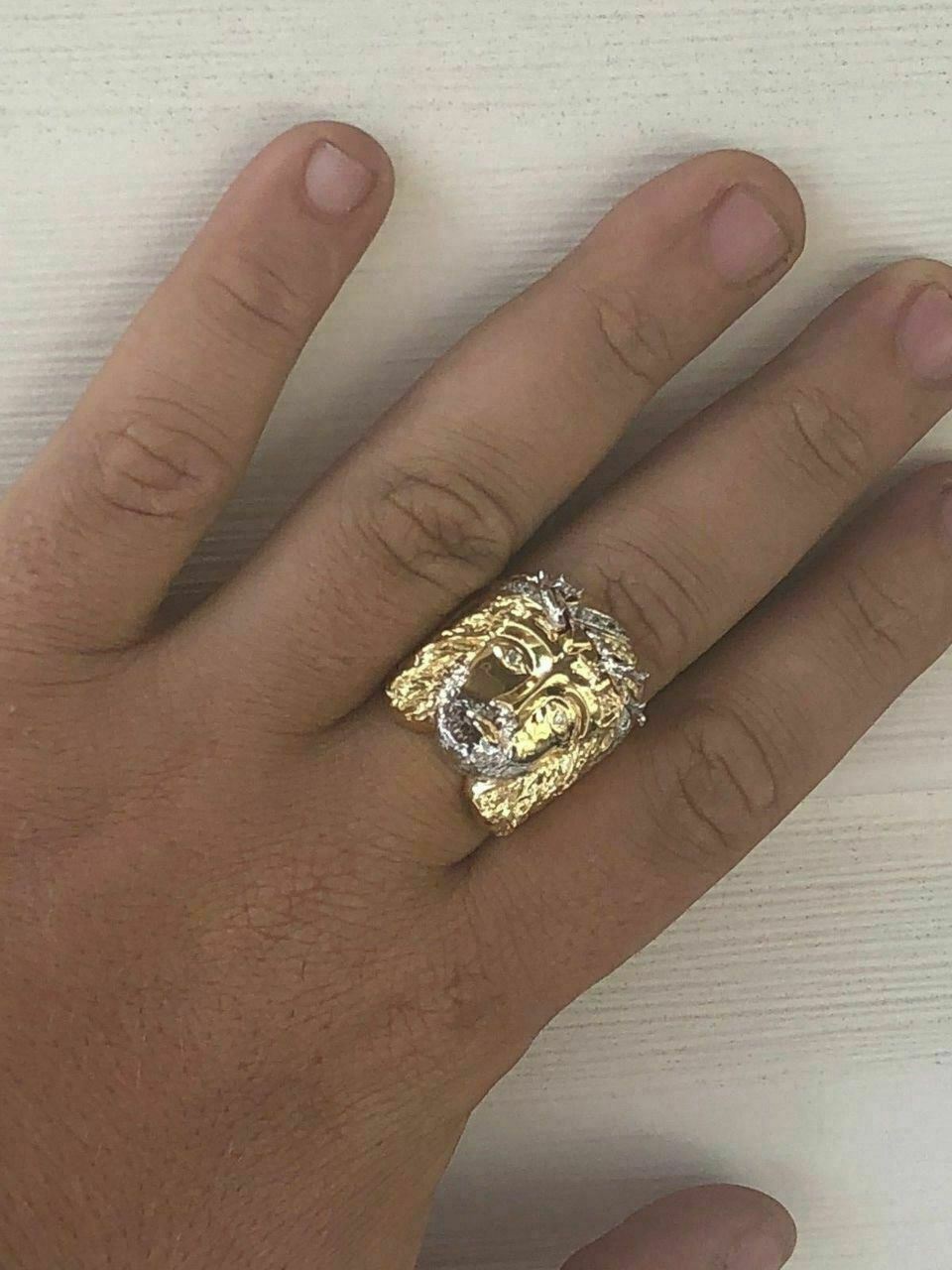 Men Real 14k Yellow Gold Plated Solid 925 Silver Jesus Face Ring ...