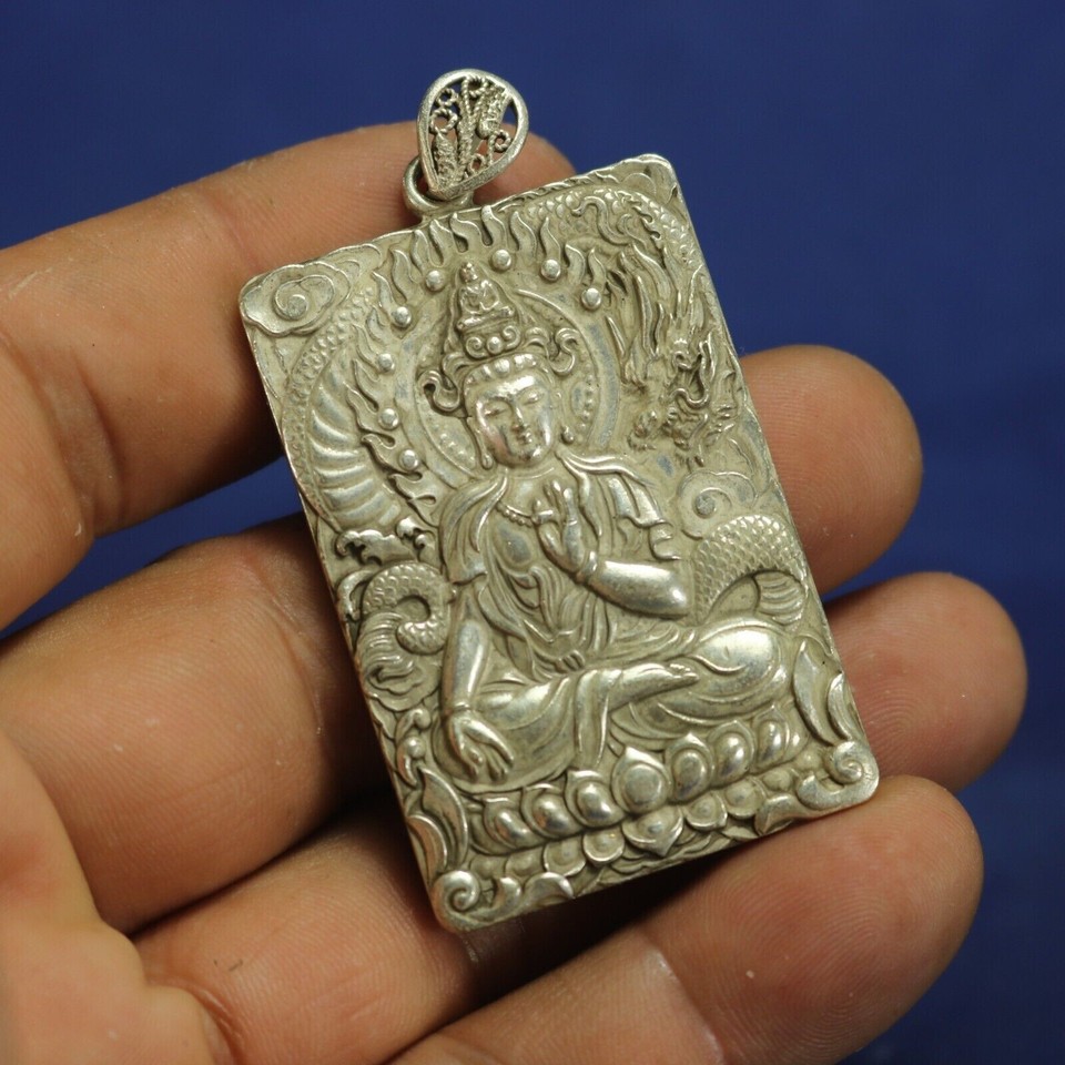 Chinese old Tibet Silver Carved Kwan-yin&Dragon Statues Amulet Necklace ...