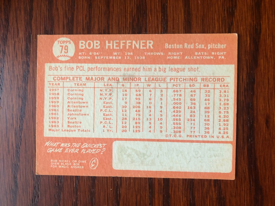 Bob Heffner 1964 Topps Rookie Boston Red Sox #79 | eBay