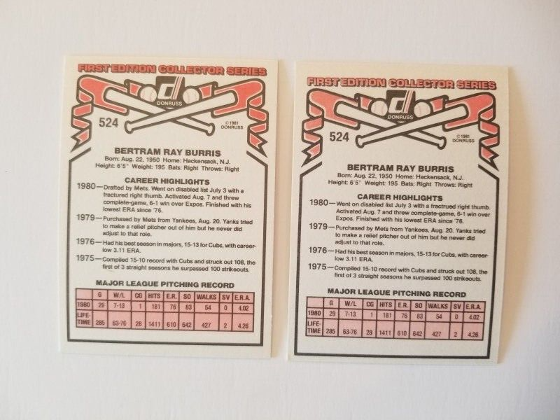 RAY BURRIS VARIATION ERROR 1981 DONRUSS BASEBALL CARD #524 NEW YORK ...